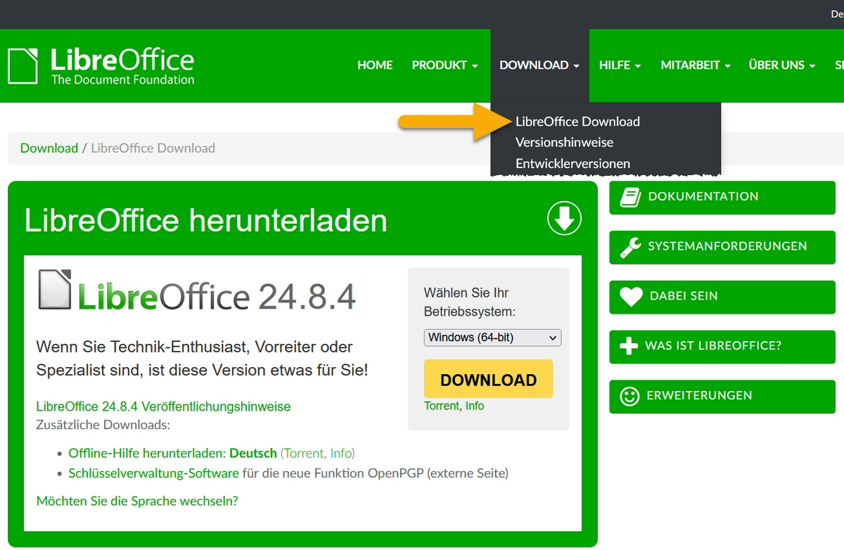 LibreOffice herunterladen/downloaden - Seien Sie so frei - The Document Foundation Wiki